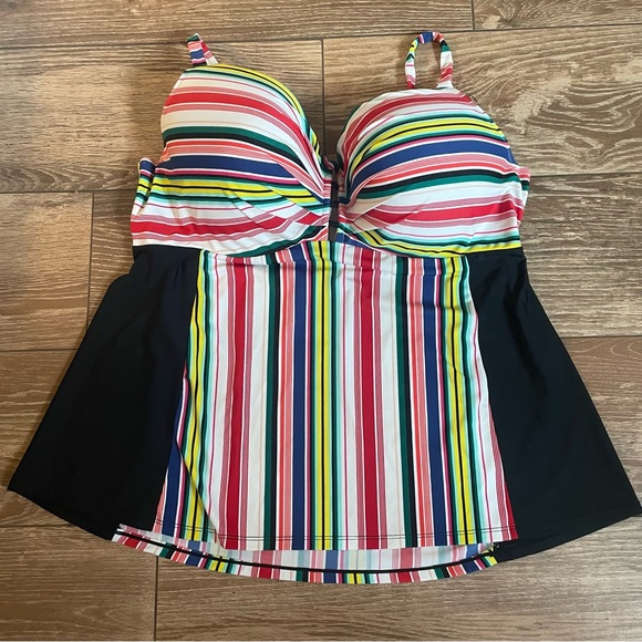 Cacique Swim Swim By Cacique Colorful Striped Black Tankini Top
